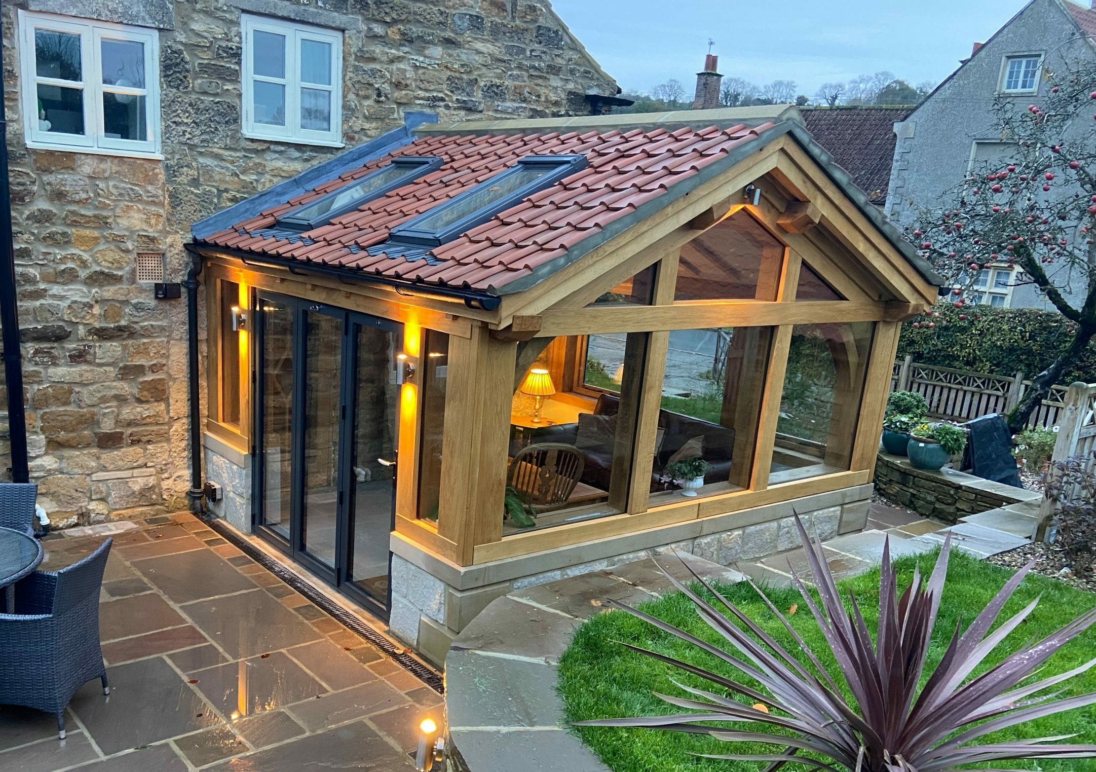 Design and create link extension, single storey oak frame sunroom
